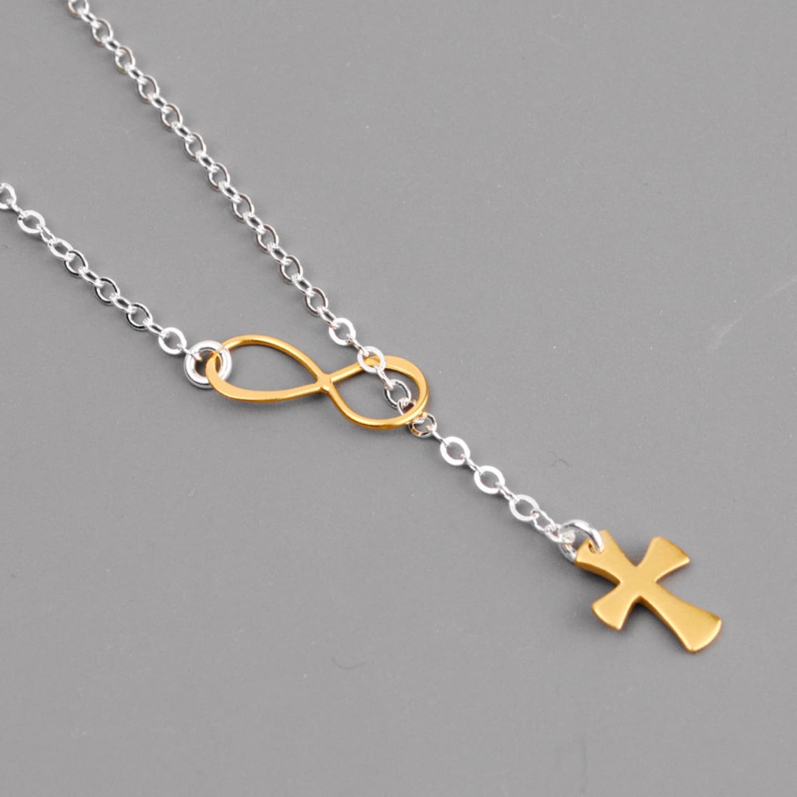 Infinity Cross Lariat Necklace Two Tone Gold and Silver - Etsy