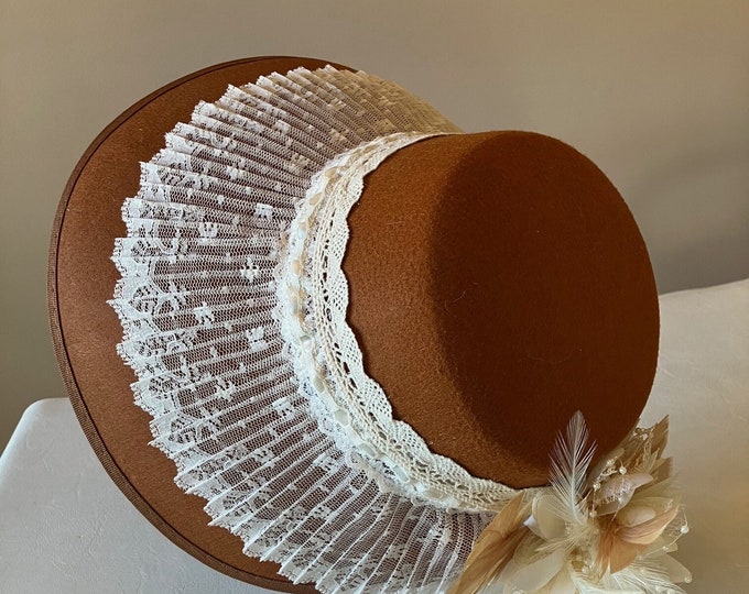 BROWN and BEIGE Lace VICTORIAN Bonnet, Spoon Bonnet, Regency Bonnet ...