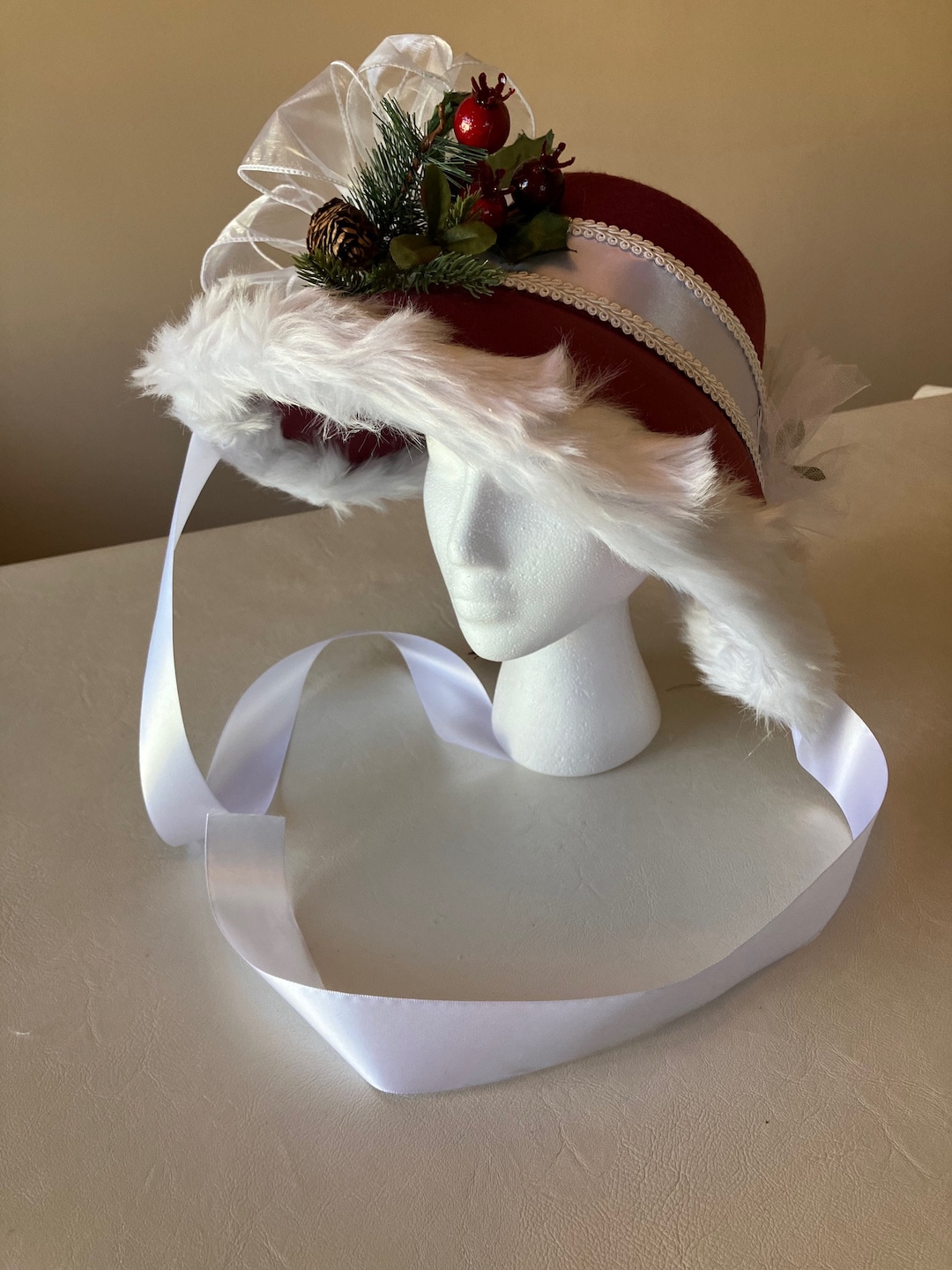 BURGUNDY and WHITE FUR Victorian Bonnet, Spoon Bonnet, Regency Bonnet ...