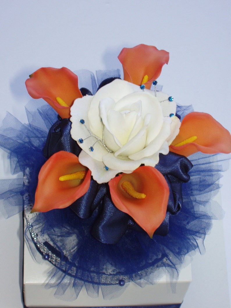 NAVY Blue and CORAL Cake TOPPER Real Touch Flowers Calla - Etsy