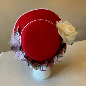 Red Felt Victorian Bonnet: White Lace, Plaid Ribbon, Rose - Etsy