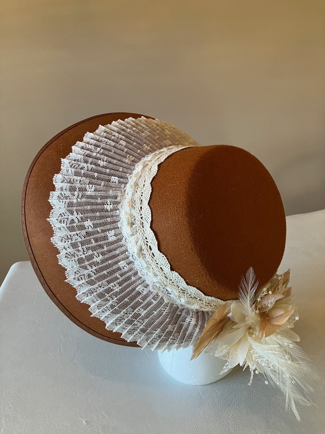 BROWN and BEIGE Lace VICTORIAN Bonnet, Spoon Bonnet, Regency Bonnet ...