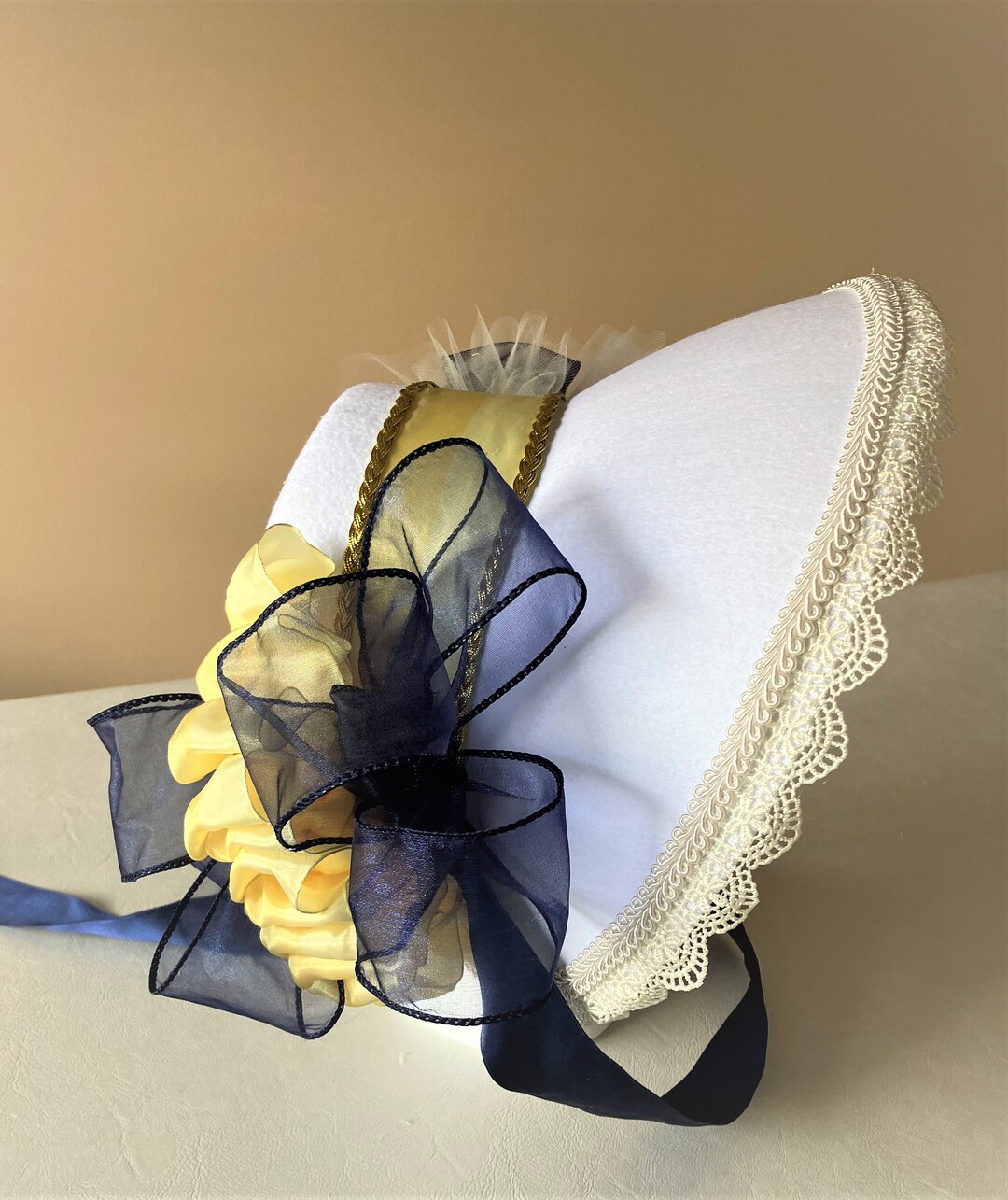 NAVY, YELLOW and White Victorian BONNET, Regency Bonnet,civil War ...
