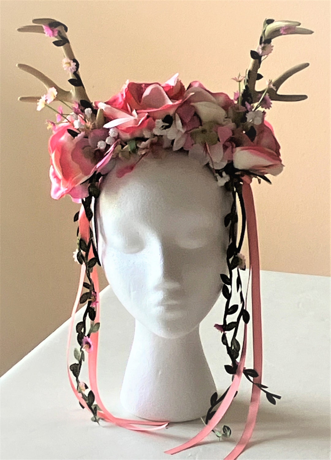 Floral Deer Antler Headband: Pink Roses, Renaissance Costume - Etsy