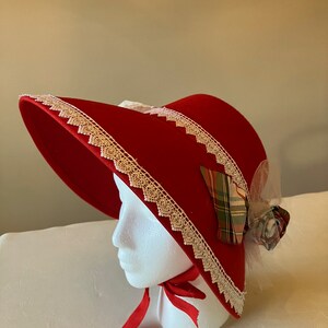 Red Felt Victorian Bonnet: White Lace, Plaid Ribbon, Rose - Etsy