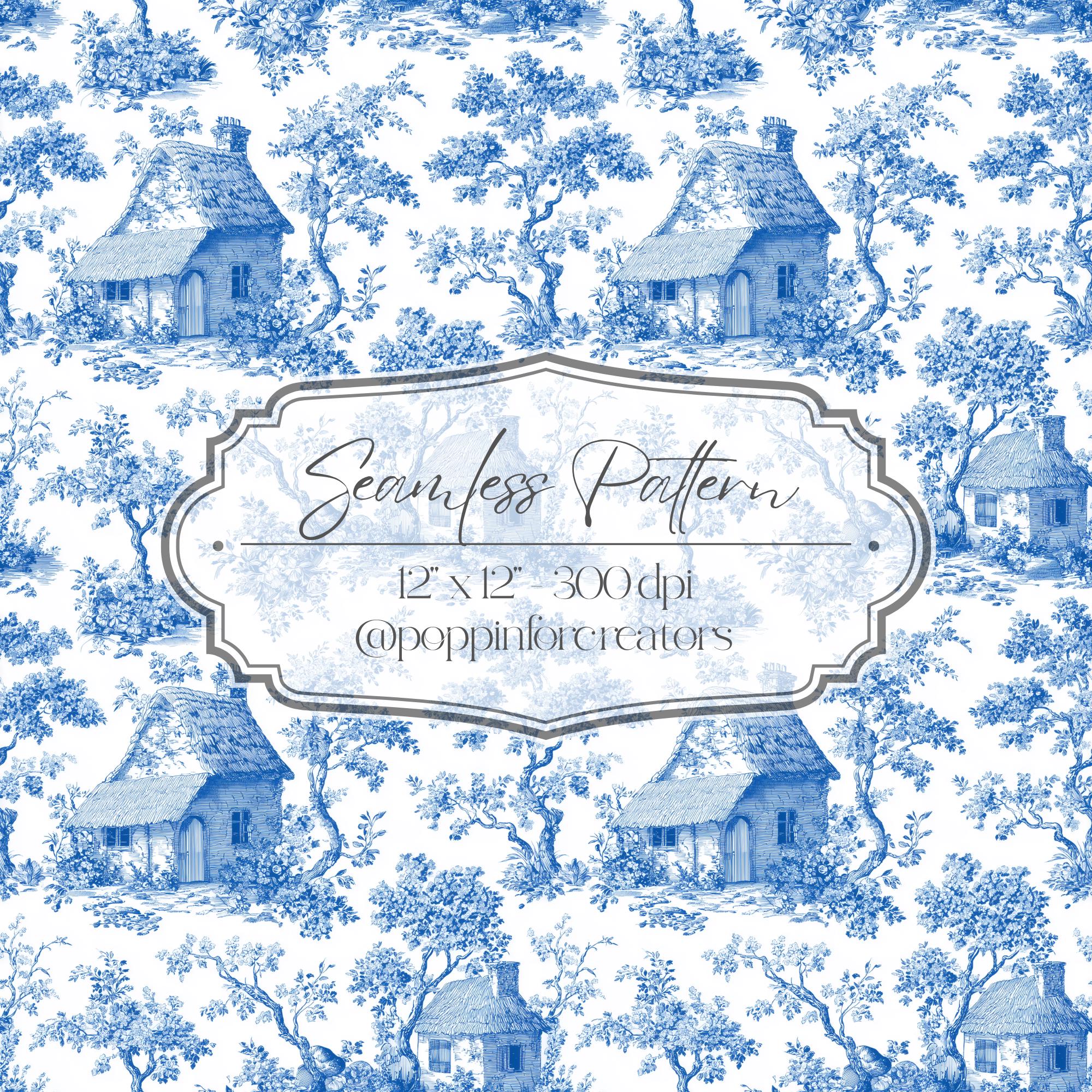 Blue Toile Cottagecore Seamless Pattern, French Country Cottage Fabric ...