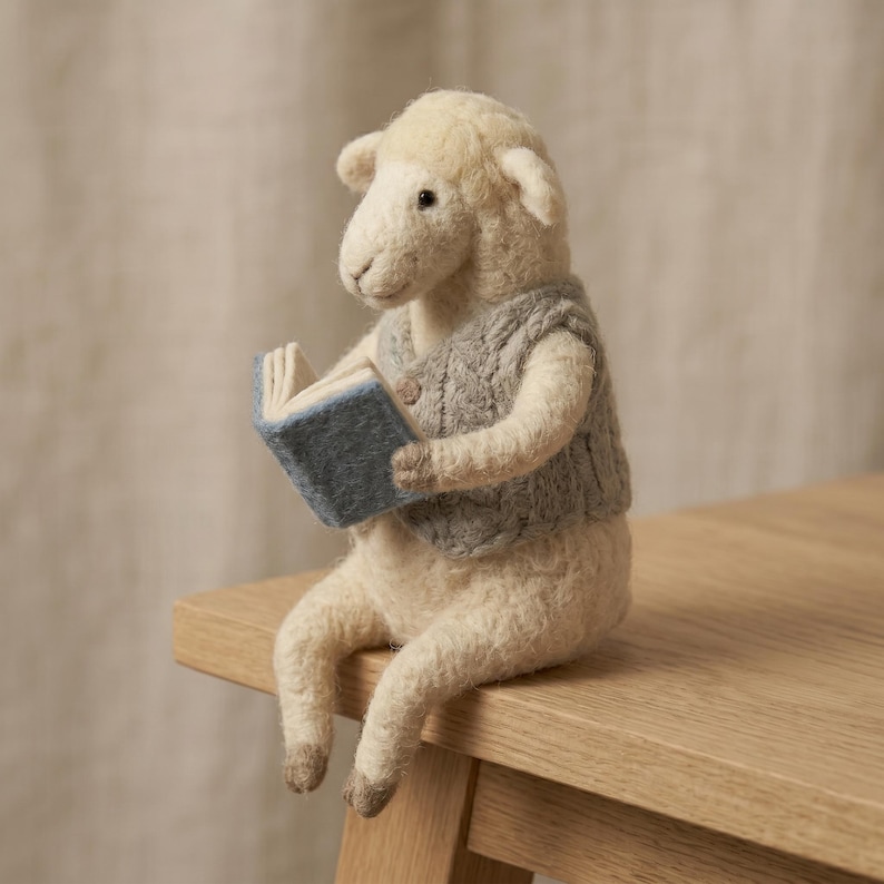 Hand-needle Felted Wool Sheep Figurine, Whimsical Reader, Cozy Book ...