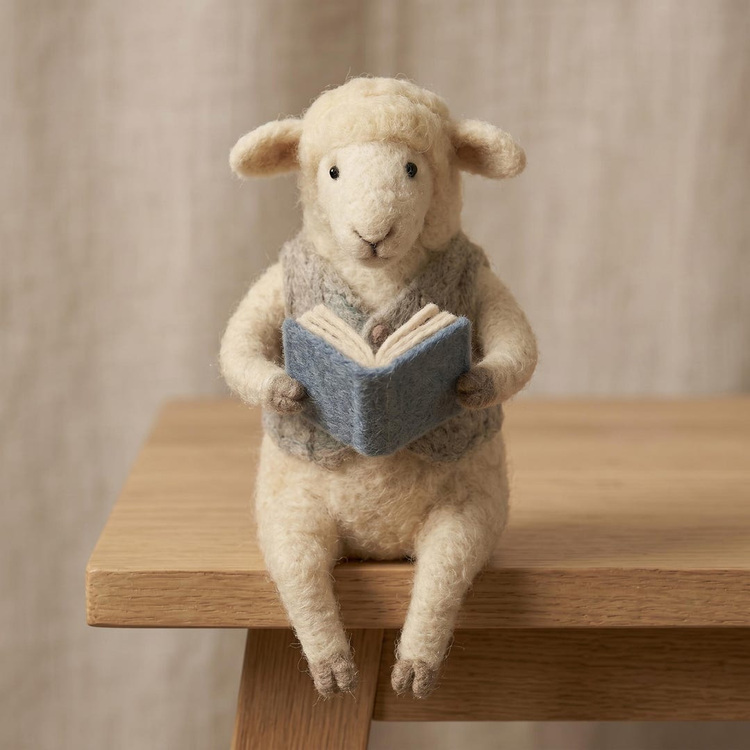 Hand-needle Felted Wool Sheep Figurine, Whimsical Reader, Cozy Book ...