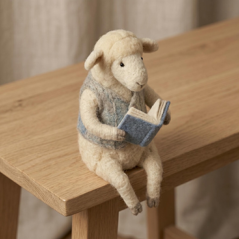 Hand-needle Felted Wool Sheep Figurine, Whimsical Reader, Cozy Book ...