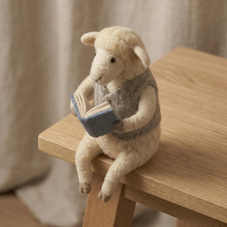 Hand-needle Felted Wool Sheep Figurine, Whimsical Reader, Cozy Book ...