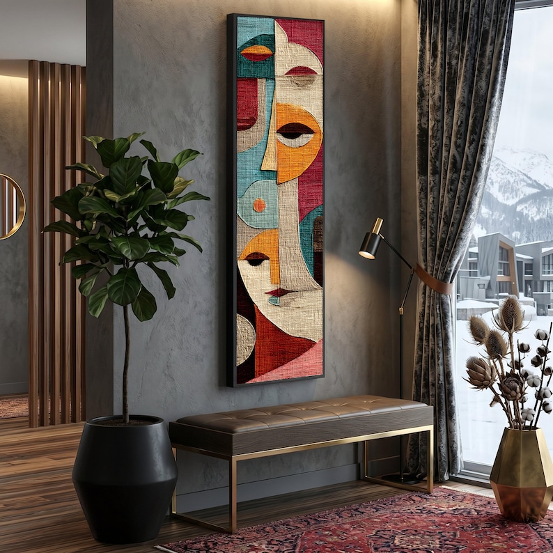 Long Narrow, Abstract Faces Composition Canvas, Modern Geometric Wall ...
