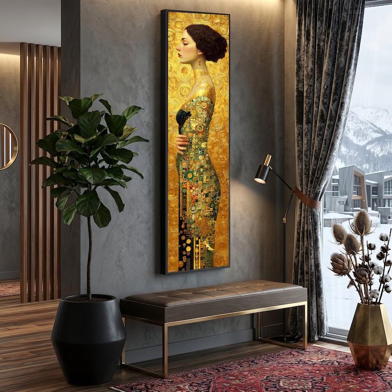 Long Narrow, Gustav Klimt Style, Elegant Woman Profile Canvas, Golden ...