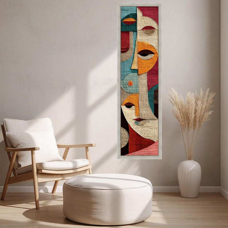 Long Narrow, Abstract Faces Composition Canvas, Modern Geometric Wall ...