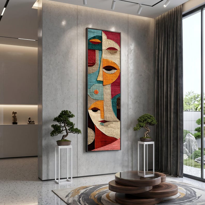 Long Narrow, Abstract Faces Composition Canvas, Modern Geometric Wall ...