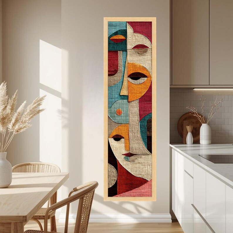 Long Narrow, Abstract Faces Composition Canvas, Modern Geometric Wall ...