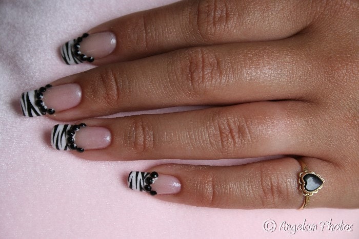 Bling Zebra Print French Tip Gel Press on Nails - Etsy