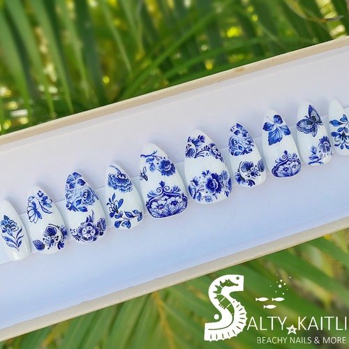 Delft Blue Pottery Gel Press on Nails - Etsy