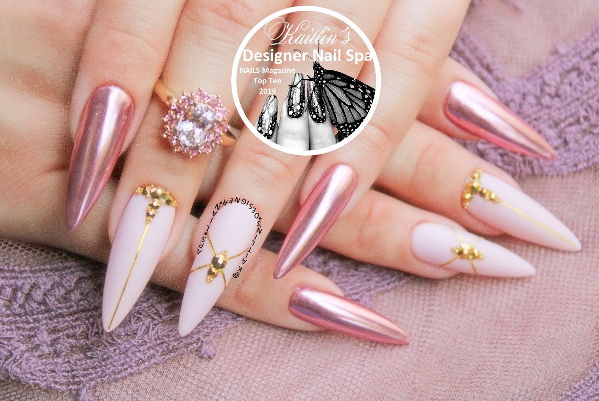 Pink Stiletto Chrome And Matte Gel Artificial Nail Art Etsy