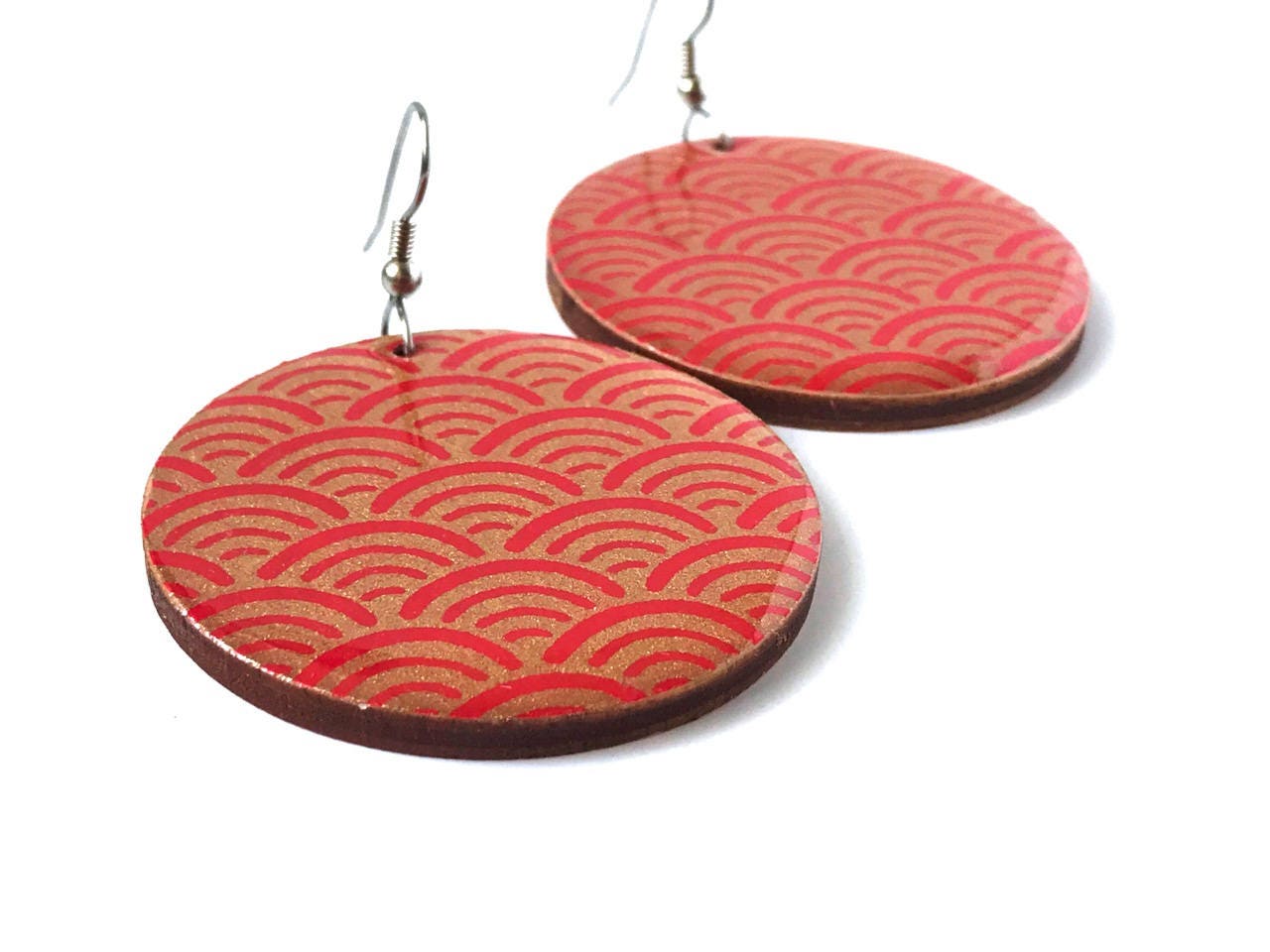 Red and Gold Japanese Earrings Wave pattern Chiyogami Paper | Etsy