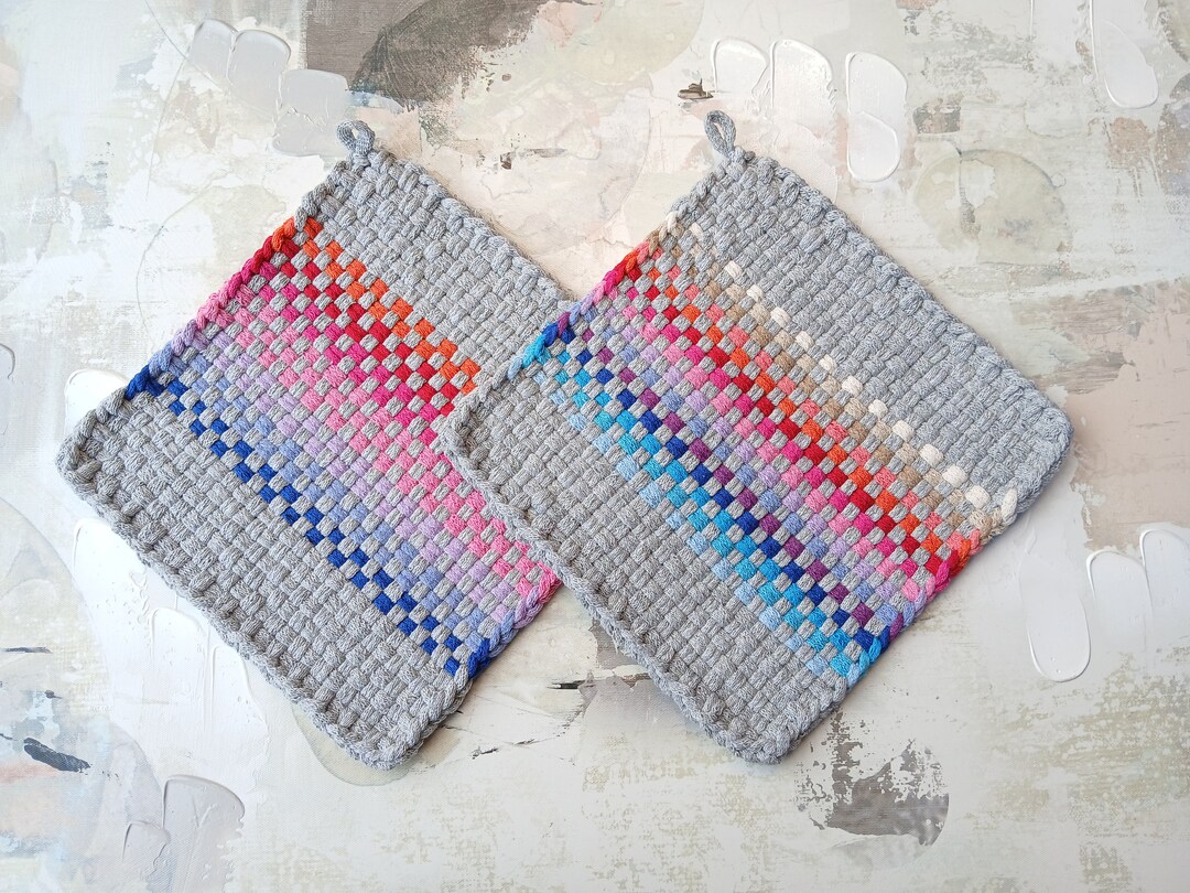 Gray and Rainbow Set of Large Cotton Potholder Trivet With Loop, Hot ...