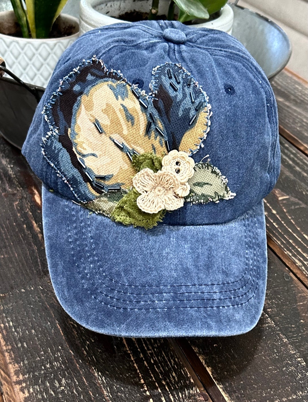Vintage Look Ball Cap Blue Floral Embellished Baseball Cap Womans Large ...