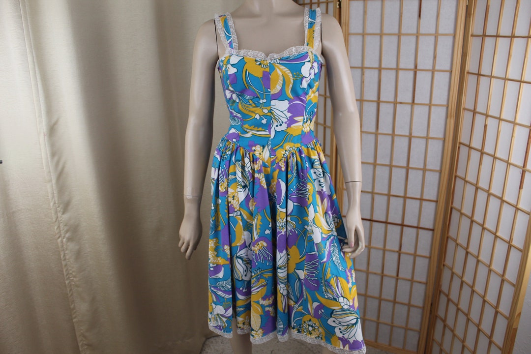 Vintage Bill Berman Jodi Schwartz Blue Floral Womens Sun Dress Size 9 ...