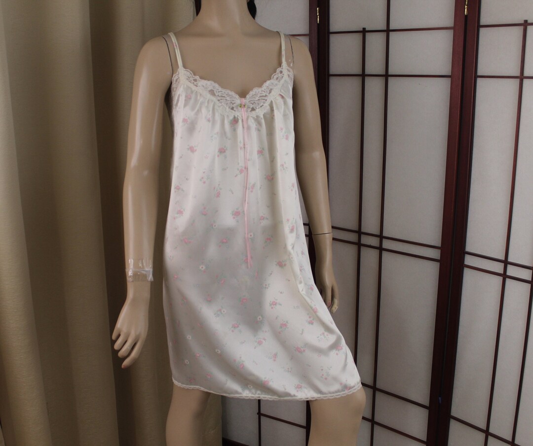 Vintage Lorraine Silky Satiny Short Nightgown White/pink Size M - Etsy