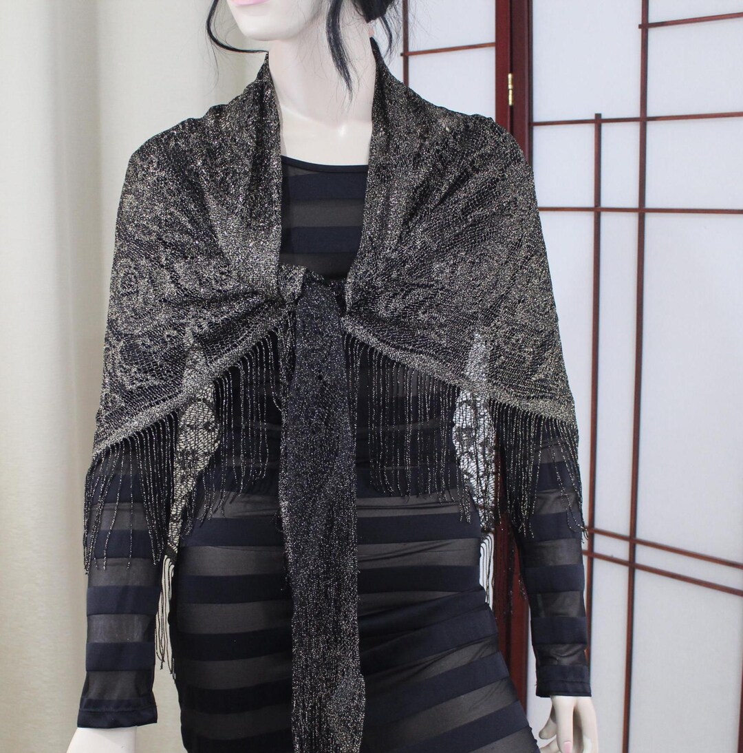 Vintage Black & Gold Metallic Lace Piano Shawl W Fringe by Collection ...
