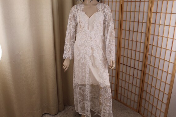 Vintage White Nylon Sheer Lace Robe/Peignoir/Duster S… - Gem
