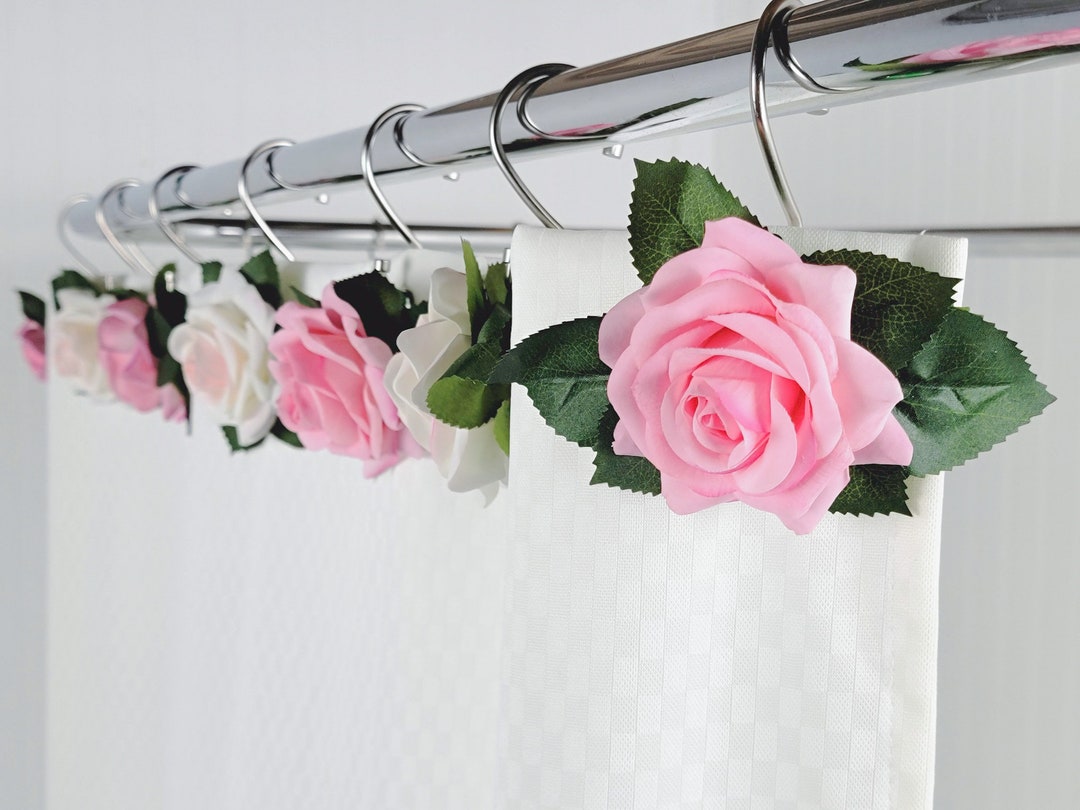 Pink & White Rose Real Touch Flower Shower Curtain Hook or Ring ...