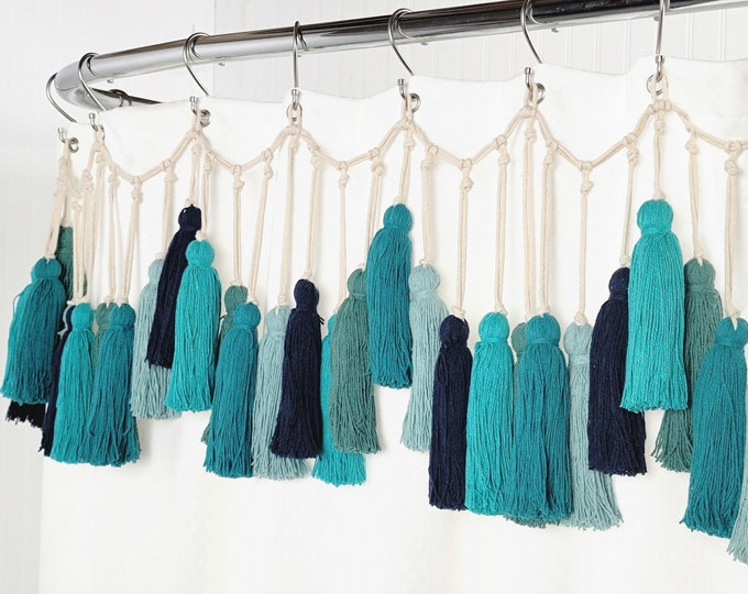 Black Handmade Macrame Boho Chic Midcentury Theme Shower Curtain Hook ...