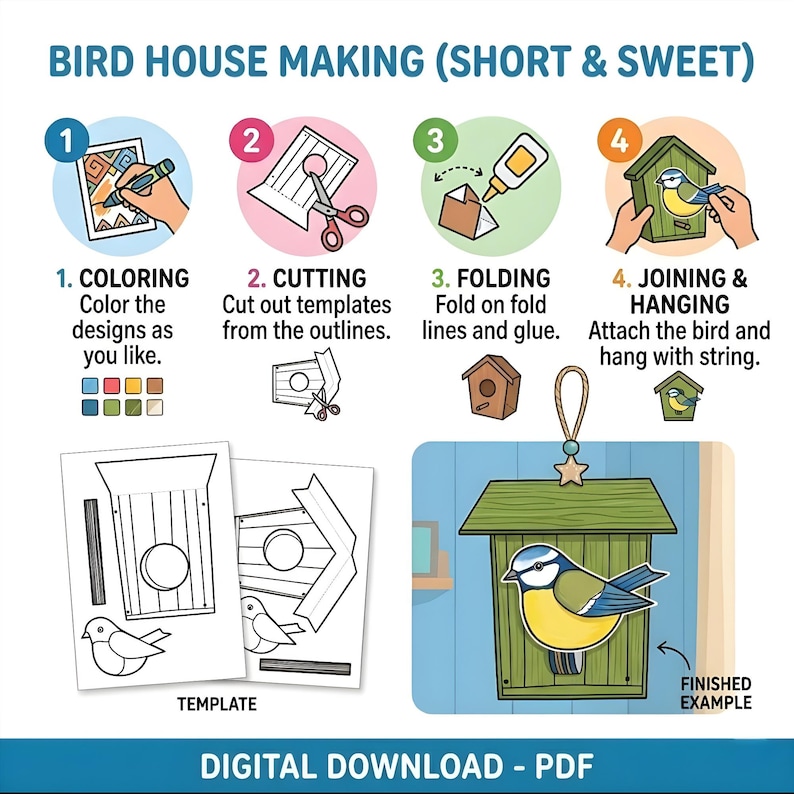 Printable 3D Birdhouse Craft Kit, Kids Spring Activity, Coloring Page ...