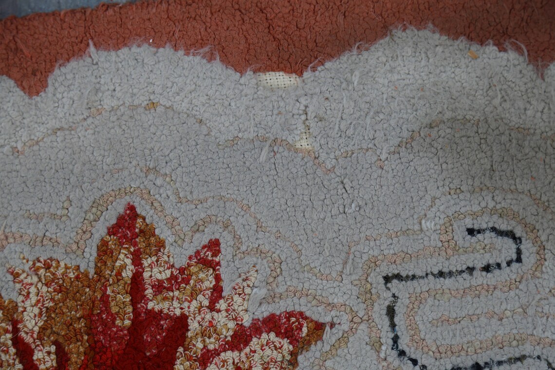 Antique American Hook Rug, Folk Art Hook Rug, Primitive Area Rug, 1950 ...