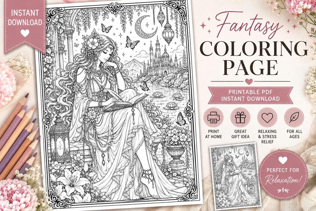 Fantasy Coloring Page Printable PDF, Adult Coloring Page, Moonlit ...