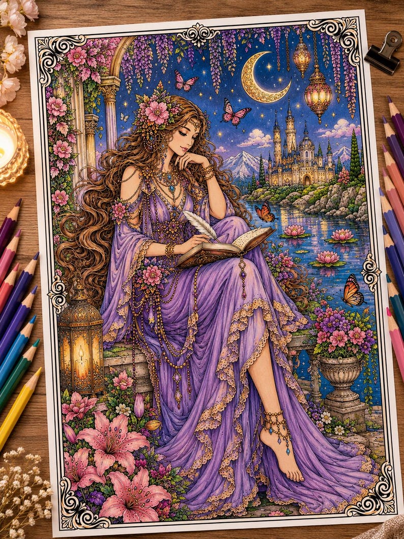 Fantasy Coloring Page Printable PDF, Adult Coloring Page, Moonlit ...