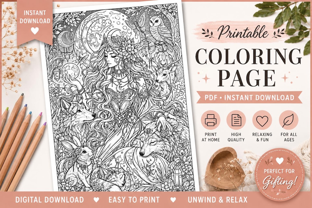 Moon Goddess Fantasy Coloring Page | Celestial Animals, Floral Elements ...