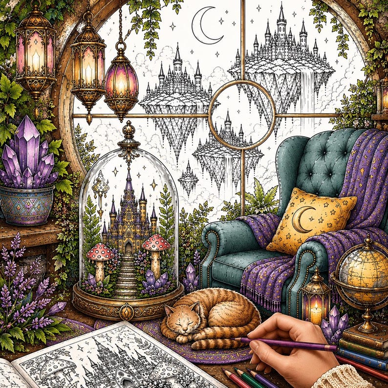 Fantasy Coloring Page | Moonlit Dreamlands, Witchcore Art (instant ...