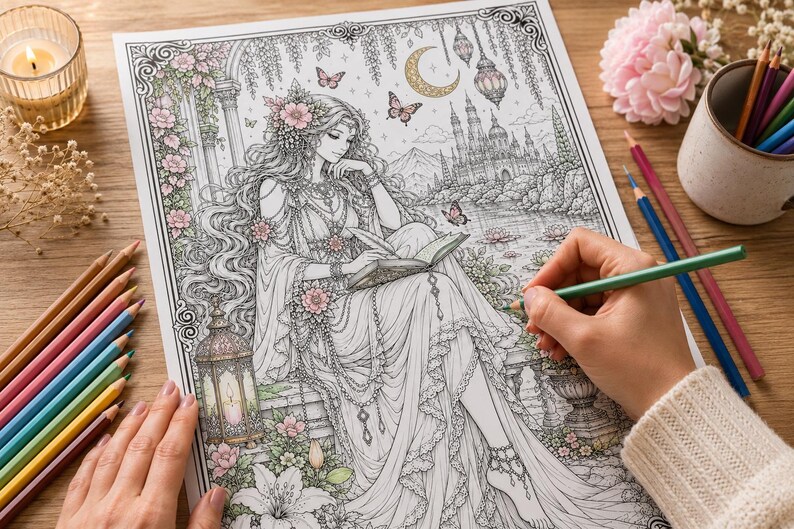 Fantasy Coloring Page Printable PDF, Adult Coloring Page, Moonlit ...