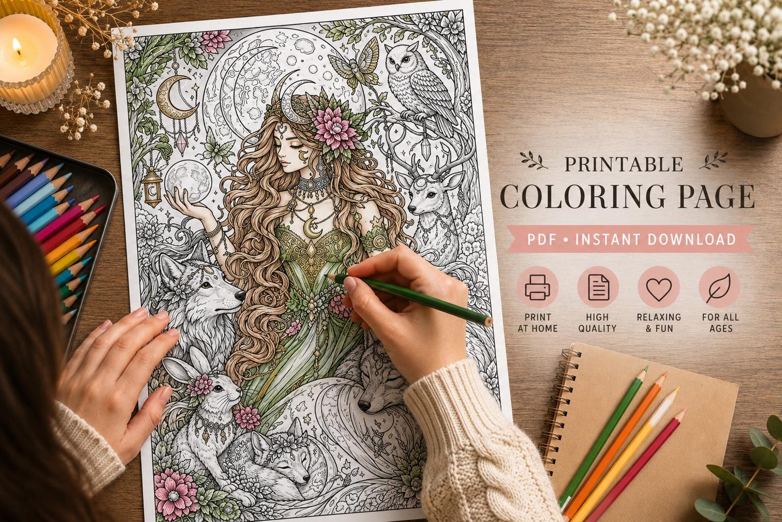Moon Goddess Fantasy Coloring Page | Celestial Animals, Floral Elements ...