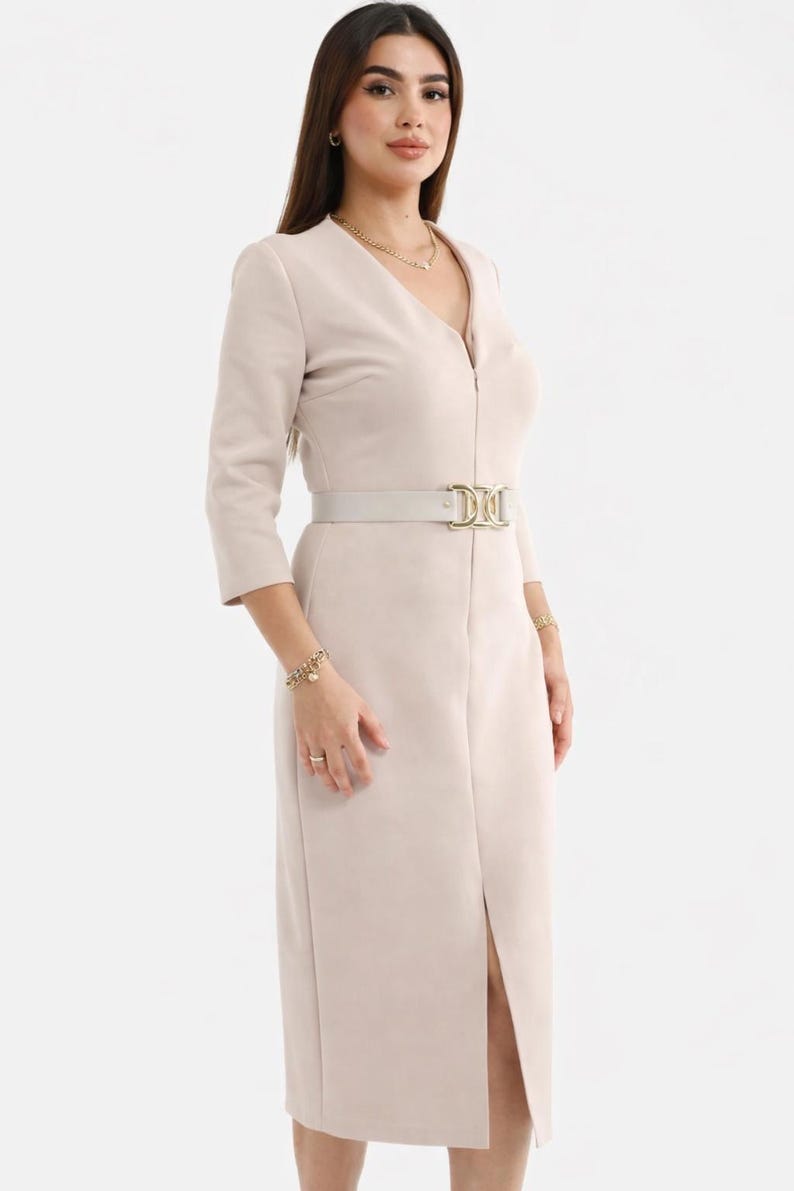 Elegant Midi Dress , Belted Slim Fit Office Dress, Old Money Style ...