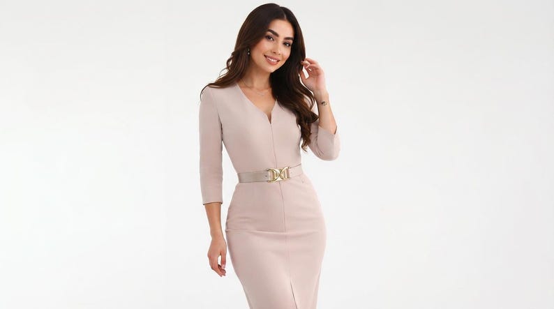 Elegant Midi Dress , Belted Slim Fit Office Dress, Old Money Style ...