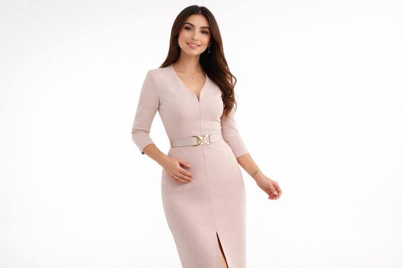 Elegant Midi Dress , Belted Slim Fit Office Dress, Old Money Style ...
