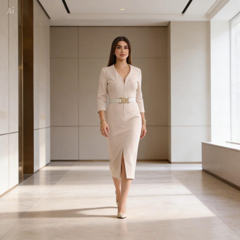 Elegant Midi Dress , Belted Slim Fit Office Dress, Old Money Style ...