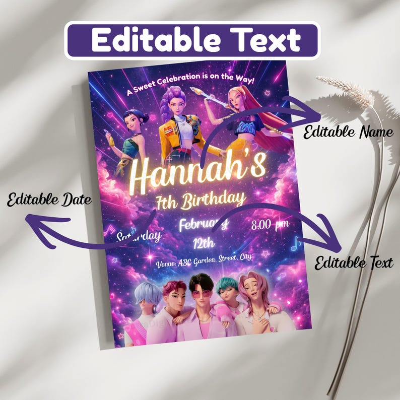 Kpop Demon Hunters Birthday Invitation, Editable Canva Template, Kpop ...
