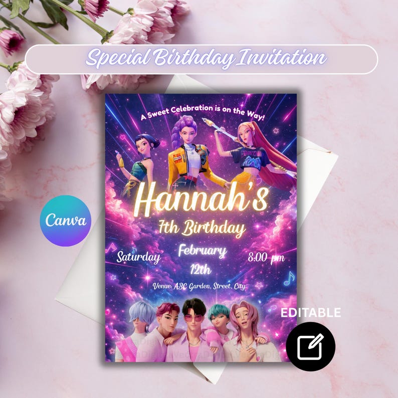 Kpop Demon Hunters Birthday Invitation, Editable Canva Template, Kpop ...