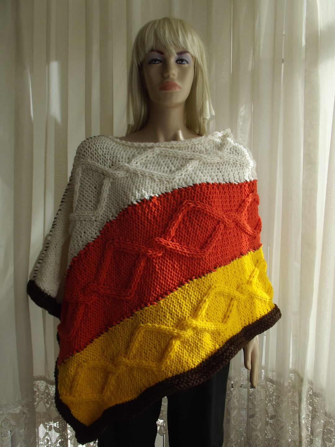CANDY CORN, Diamond Chain Poncho, Cable Knit Cover Up, Hand Knitted ...