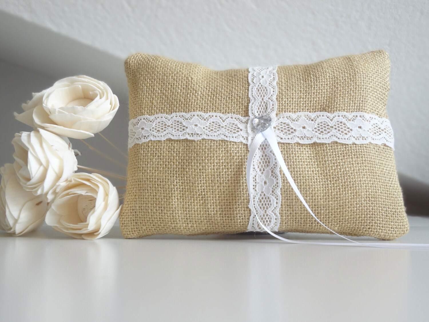 Ring Cushion, Ring Bearer Pillow, Natural Burlap Wedding Pillow With ...