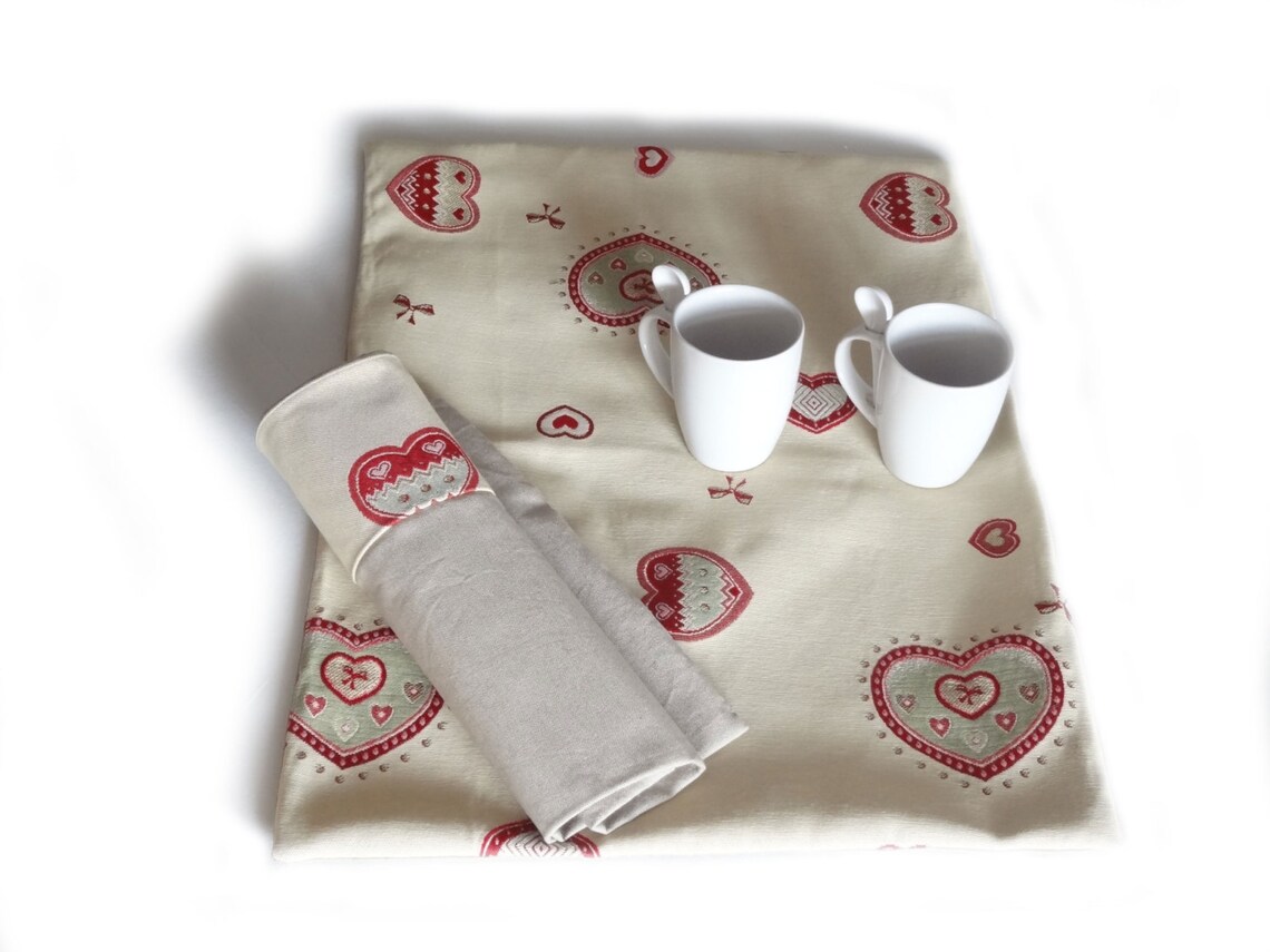 Table Mats + Little Runner Tyrolean Fabric With Hearts Beige and Red ...