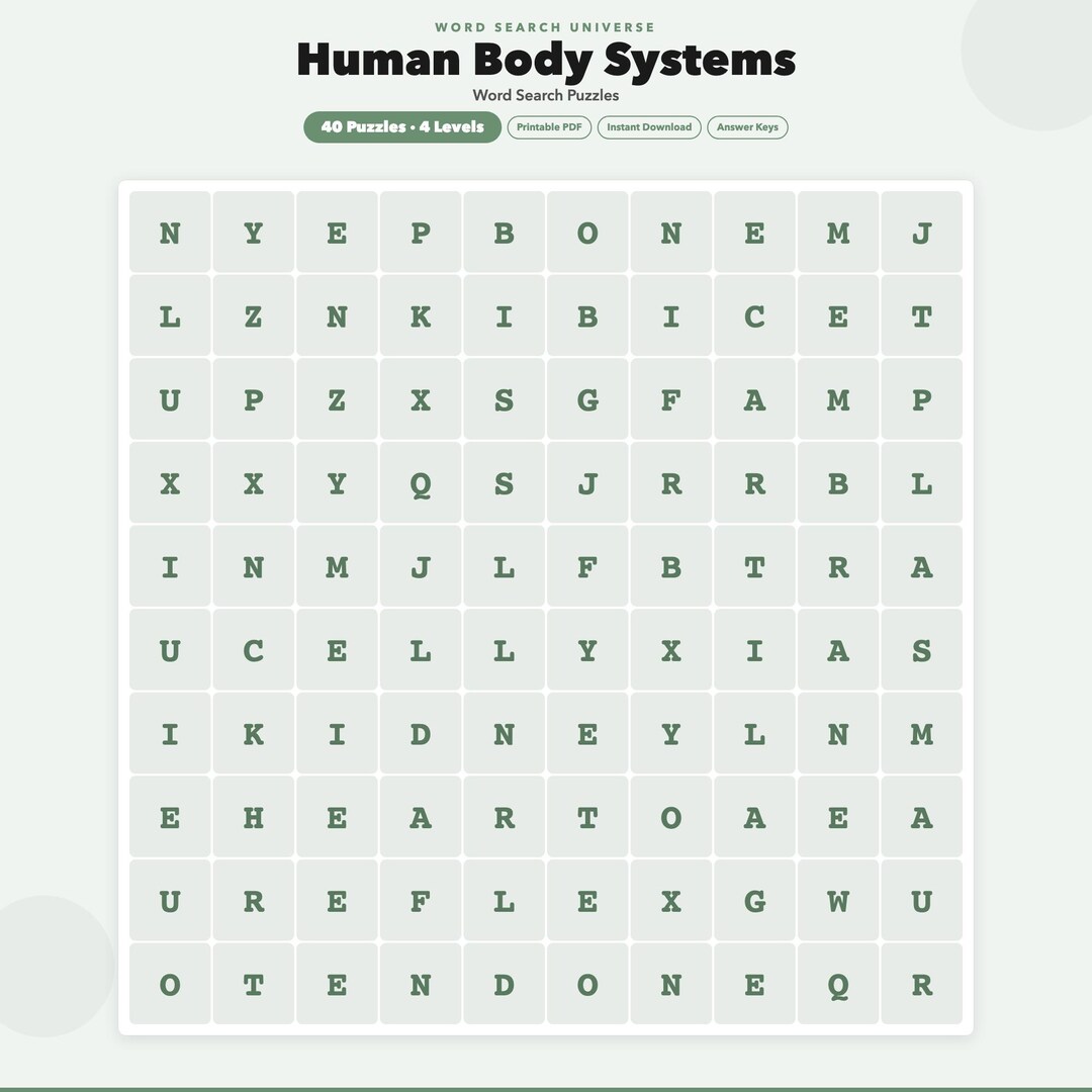 Human Body Systems Word Search Puzzles | 40 Unique Puzzles | Printable ...