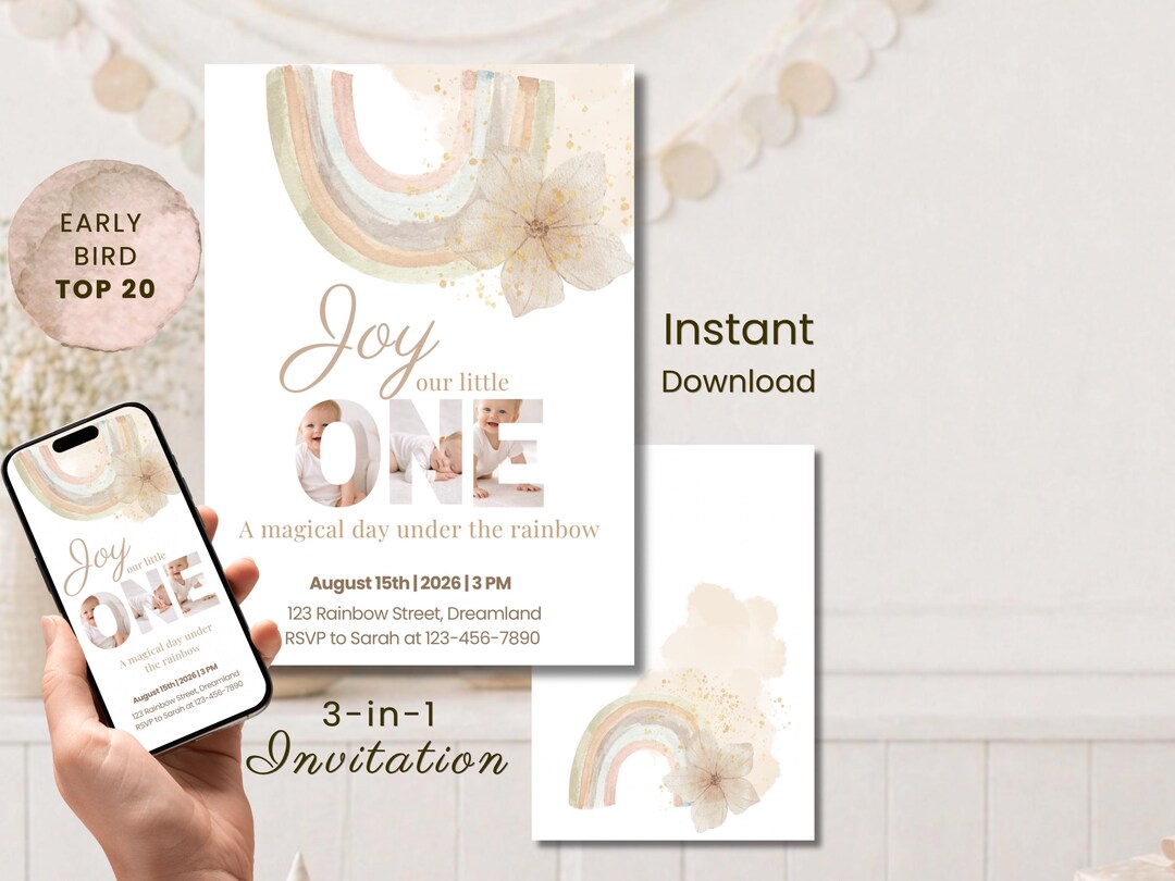 Boho Rainbow First Birthday Invitation Bundle, Editable Photo Frame ...